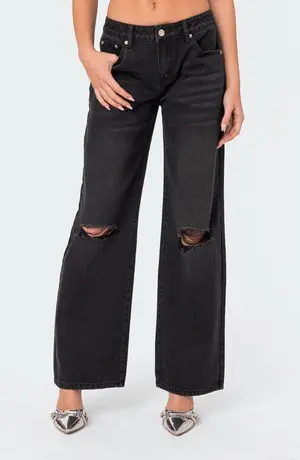 EDIKTED Debbie Ripped Low Rise Wide Leg Jeans - Black