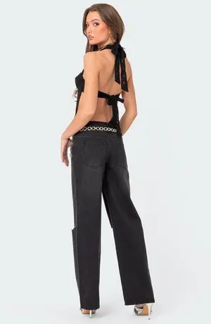 EDIKTED Debbie Ripped Low Rise Wide Leg Jeans - Black
