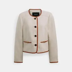 COACH Heritage C Canvas Cardigan Jacket With Leather Trim