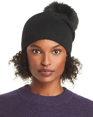 KYI KYI Cashmere Blend Beanie With Faux Fur Pom Black
