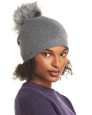 KYI KYI Cashmere Blend Beanie With Faux Fur Pom Gray