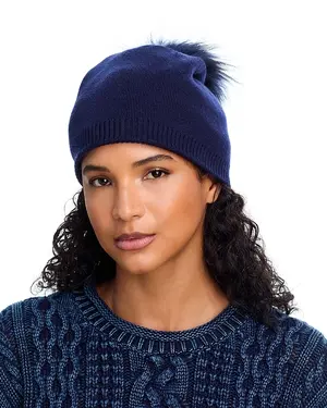 KYI KYI Cashmere Blend Beanie With Faux Fur Pom Navy