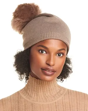 KYI KYI Cashmere Blend Beanie With Faux Fur Pom Warm Sand