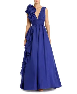 Mac Duggal Ruffled Shoulder V-neck Chiffon Gown - Cobalt