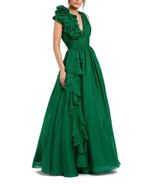 Mac Duggal Ruffled Shoulder V-neck Chiffon Gown - Emerald