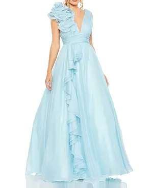 Mac Duggal Ruffle Shoulder V-neck Chiffon Gown - Powder Blue