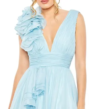 Mac Duggal Ruffle Shoulder V-neck Chiffon Gown - Powder Blue