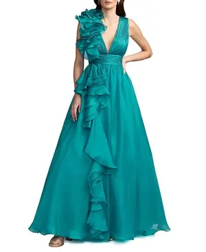 Mac Duggal Mac Duggal Ruffled Shoulder V-Neck Chiffon Gown Teal