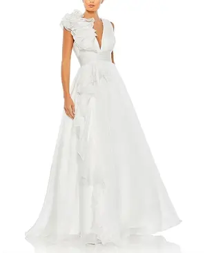 Mac Duggal Ruffled Shoulder V-neck Chiffon Gown - White