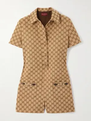 Gucci Leather-trimmed Canvas-jacquard Playsuit - Brown