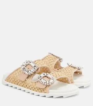 ROGER VIVIER Slidy Viv' Raffia Embellished Sandals - Neutrals