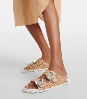 ROGER VIVIER Slidy Viv' Raffia Embellished Sandals