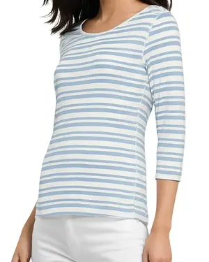 Three Dots Boat Neck Tee - Faded Denim Stripe