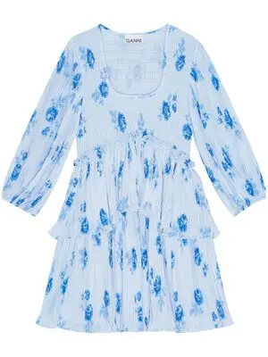 GANNI Floral-print Pleated Minidress - Blue