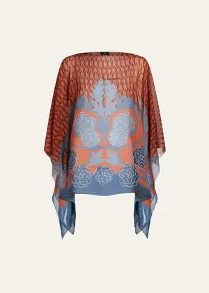 Etro Etro Sheer Floral Wool & Cashmere Poncho - Print On Blue Bas