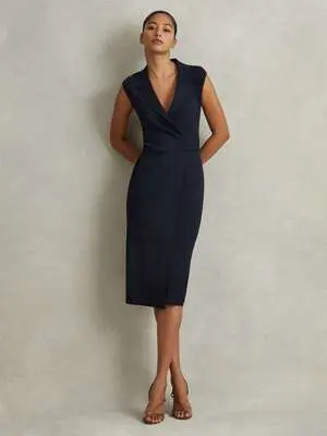 REISS Elle Knitted Wrap-front Midi Dress - Navy