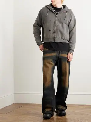 Saint Mxxxxxx Distressed Cotton-Jersey Zip-Up Hoodie S In Gray