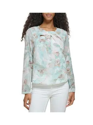 Calvin Klein Womens Chiffon Twist Neck Blouse - Multi