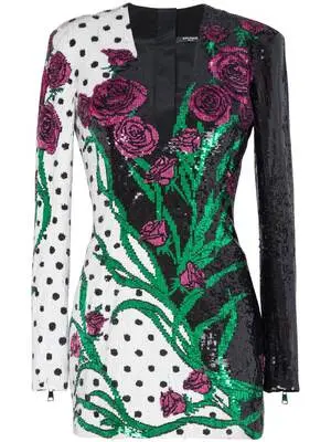 Balmain V-neck Sequined Minidress - Black