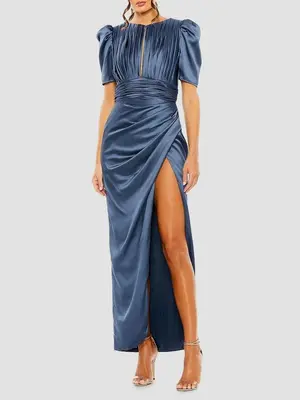Mac Duggal Satom Puff-sleeve Draped Gown