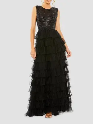 Mac Duggal Sequin Tulle Ruffled Gown