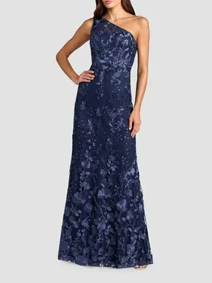 Mac Duggal One-shoulder Floral Embroidered Gown Midnight Multi