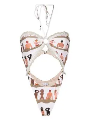 AMIR SLAMA Swimmer-print One-piece Swimsuit - Neutrals