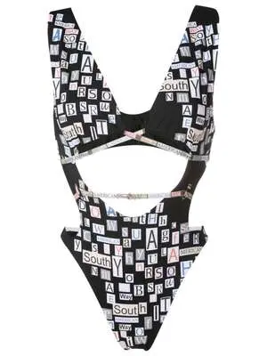AMIR SLAMA Text-print Swimsuit - Black