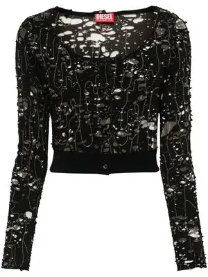 DIESEL® Cotton Blend Cropped Distressed Top With Sheer Panels And Logo Patch
