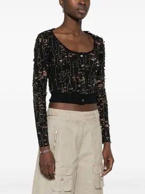 DIESEL® Cotton Blend Cropped Distressed Top With Sheer Panels And Logo Patch