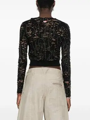 DIESEL® Cotton Blend Cropped Distressed Top With Sheer Panels And Logo Patch