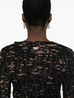 DIESEL® Cotton Blend Cropped Distressed Top With Sheer Panels And Logo Patch