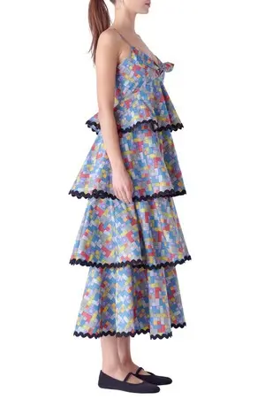 English Factory Grid Print Tiered Maxi Dress