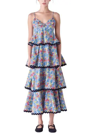 English Factory Grid Print Tiered Maxi Dress
