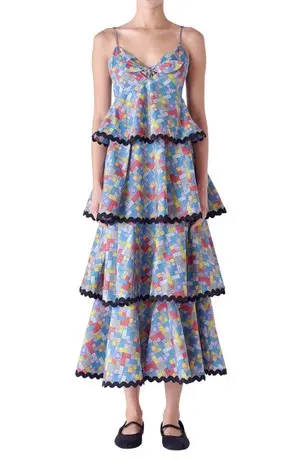 English Factory Grid Print Tiered Maxi Dress - Multi