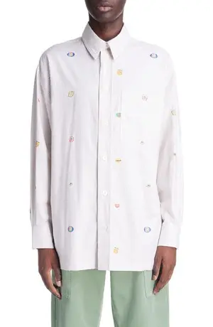 Kenzo Fruit Stickers Oversize Stripe Button-up Shirt Camel