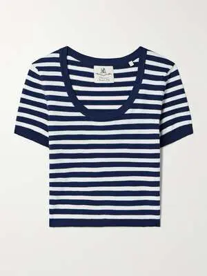 Denimist Denimist Cropped Striped Stretch-knit Sweater Navy
