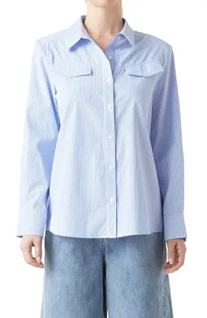 GREY LAB Power Shoulder Striped Button-up Shirt