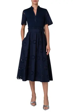 Akris Mixed Media Eyelet Midi Dress