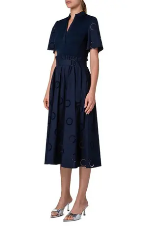 Akris Mixed Media Eyelet Midi Dress