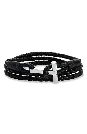 TOM FORD Braided Leather Bracelet Black/ Silver