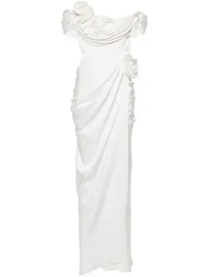 ANA RADU Floral-appliqué Draped Gown - Neutrals