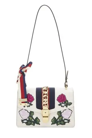 Gucci Floral Embroidered Leather Sylvie Shoulder Bag - White