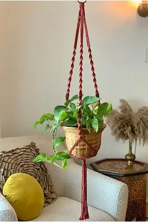 MACRAMÉ BY MONDAY Petite Wooden Bead Plant Hanger - Red