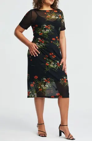 ESTELLE Floral Bouquet Mesh Overlay Dress