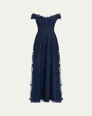 Rickie Freeman For Teri Jon Off-shoulder Floral-embroidered Tulle Gown - Navy