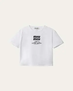 Miu Miu Logo-Embroidered Jersey T-Shirt - Bianco | Editorialist