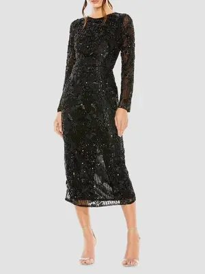 Mac Duggal Beaded Long-sleeve Midi-dress