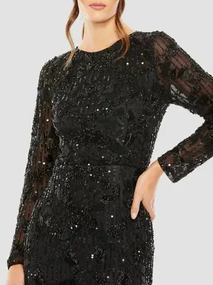 Mac Duggal Beaded Long-sleeve Midi-dress