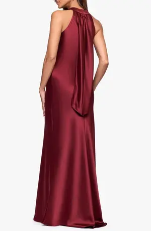 XSCAPE EVENINGS Halter Neck Satin Gown - Wine